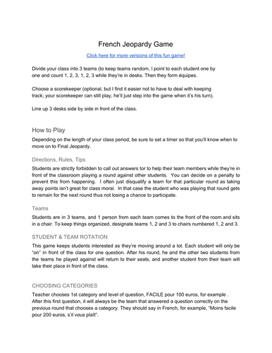 French jeopardy game - French passé composé of irregular verbs with ...