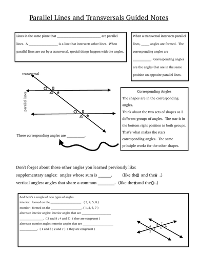 Parallel Lines and Transversals Guided Notes | Teaching Resources
