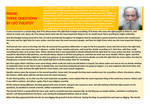 THREE QUESTIONS BY LEO TOLSTOY - STORY COMPREHENSION - TASKS AND ...