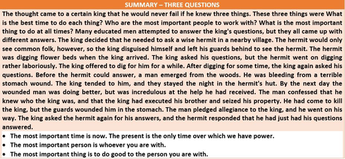 THREE QUESTIONS BY LEO TOLSTOY - PROSE COMPREHENSION : LESSON ...