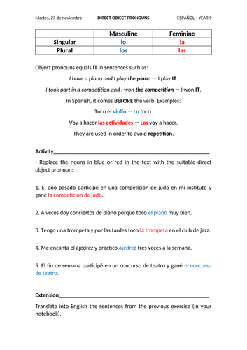 DIRECT OBJECT PRONOUNS (SPANISH) | Teaching Resources