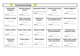 English/Reading Bingo - Homework year 1/2/3 | Teaching Resources