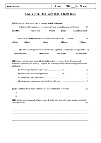 BTEC Level 2 in Sport: Unit 1 Mock Exam #4 (Fitness Tests) | Teaching ...