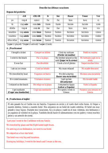 Spanish GCSE las vacaciones: holidays in the past tense (preterite ...