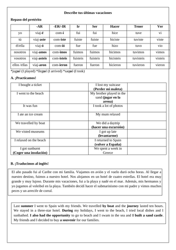 Spanish GCSE las vacaciones: holidays in the past tense (preterite ...