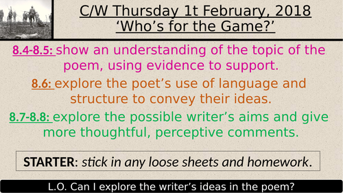 KS3 War Poetry- Who's for the Game | Teaching Resources