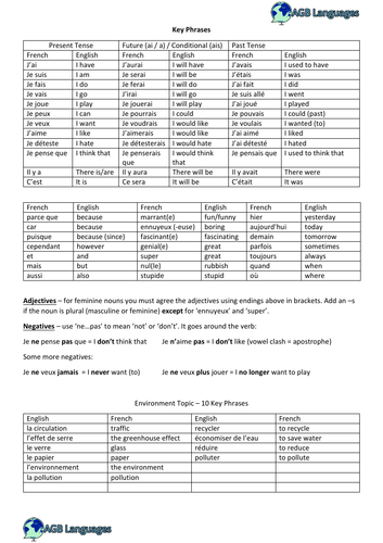French Key Phrases/Environment Vocab | Teaching Resources