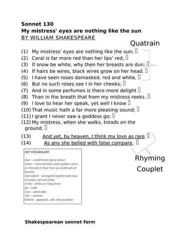 Sonnet 130 and the sonnet form | Teaching Resources