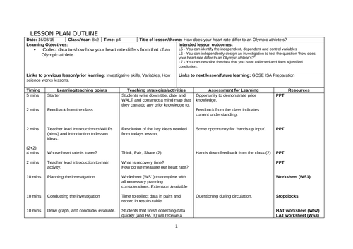 KS3 Heart Rate Practical Lesson - HSW - How Science Works Investigation ...