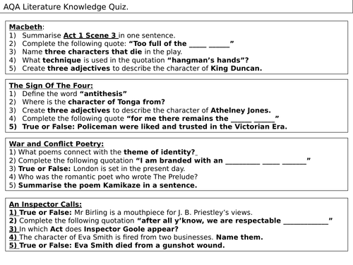 Literature Quiz | Teaching Resources