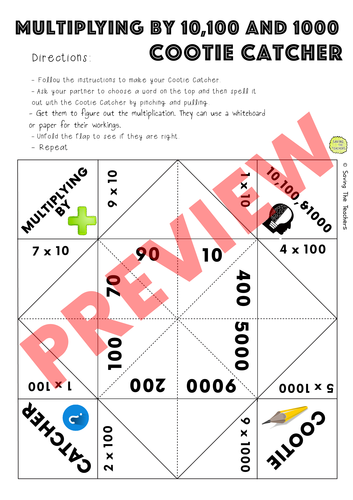 Multiplying By 10, 100, and 1000 Cootie Catcher Activity | Teaching ...