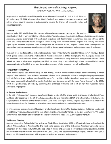 The Life and Work of Dr. Maya Angelou - Reading Comprehension Worksheet ...