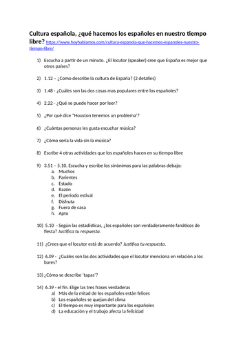 Tiempo libre y los espanoles | Teaching Resources