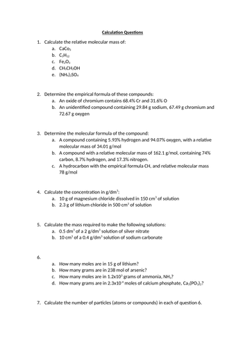 Chemical calculation questions - mixed | Teaching Resources