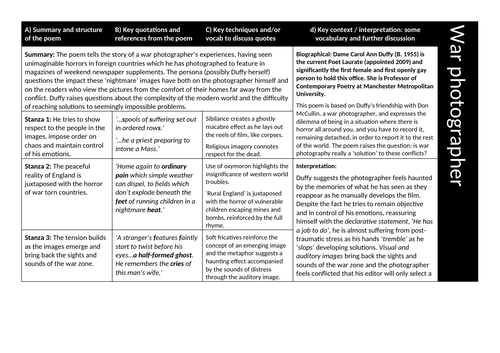 Knowledge Organisers for a range of poems from Part 3 of the Edexcel ...
