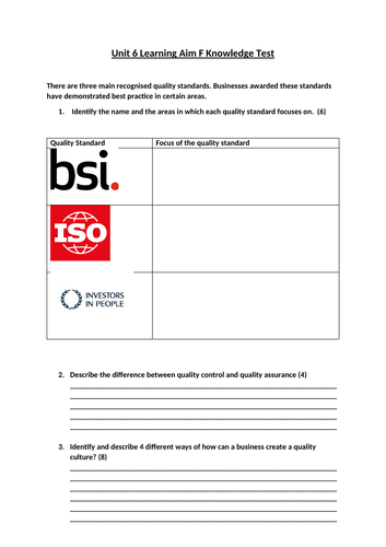 Unit 6 Principles of Management Learning Aims A-F Assessments ...