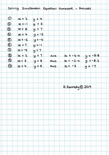 TMA - Solving Simultaneous Equations Homework and ANSWERS | Teaching ...