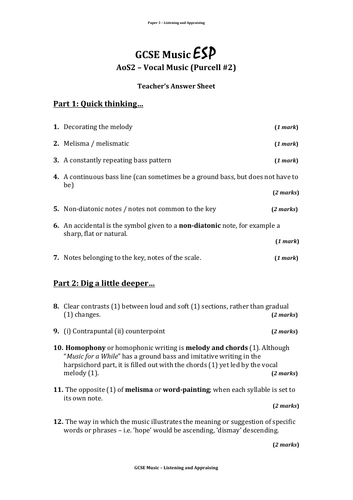 GCSE MUSIC EXTENDED WRITING - PURCELL | Teaching Resources