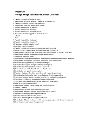 AQA Trilogy Foundation Revision Questions | Teaching Resources