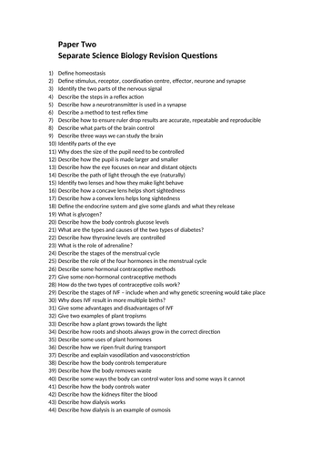 Biology (Seperate Science) Revision Questions paper 1 and 2 | Teaching ...