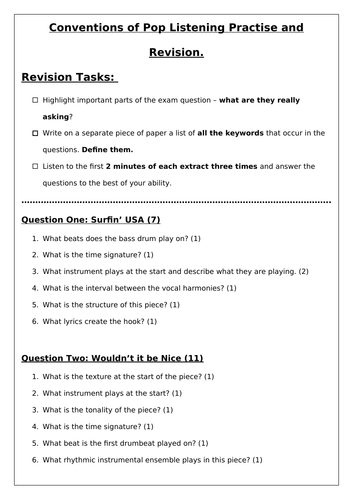 GCSE OCR 9-1 Conventions of Pop Listening Revision | Teaching Resources
