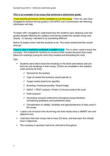 Achieve a distinction at BTEC Business Level 3 Developing a marketing ... Achieve a distinction at BTEC Business Level 3 Developing a marketing ...
