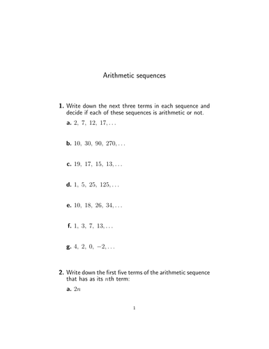Arithmetic sequences worksheet no 2 (with solutions) | Teaching Resources