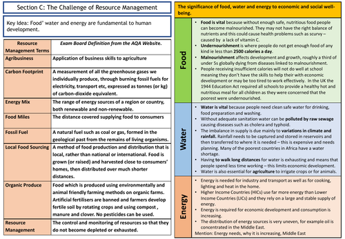 AQA 9-1 Knowledge Organiser : Resource Management Overview and Food ...