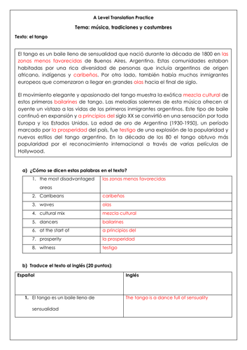 Spanish A Level el tango: translations on music and the Argentinian ...