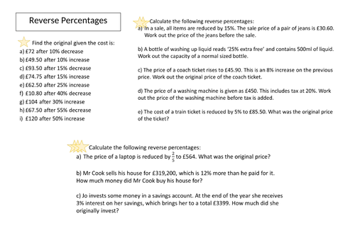 Reverse percentages using Bar Modelling | Teaching Resources