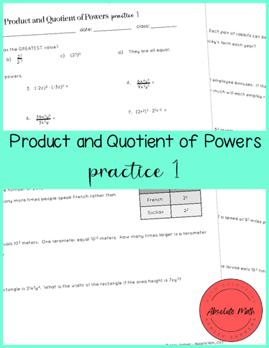 Product and Quotient of Powers Practice 1 | Teaching Resources
