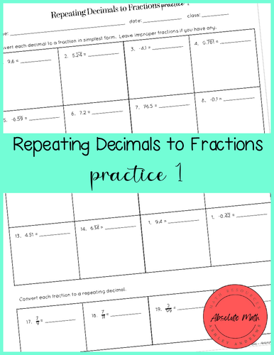 Repeating Decimals to Fractions Practice 1 | Teaching Resources