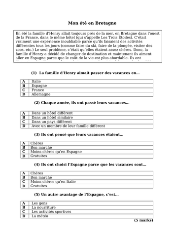 French - GCSE - reading practice - les vacances - holidays - HIGHER ...