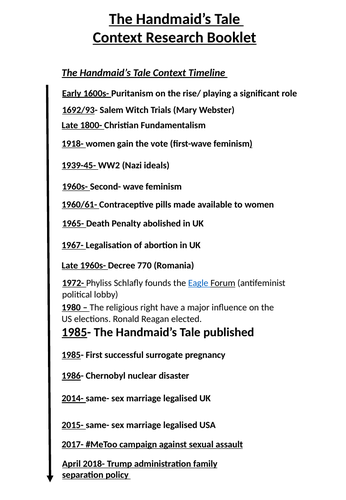 The Handmaid's Tale - Context Timeline Research Booklet | Teaching ...