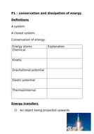 P1 conservation and dissipation of energy summary | Teaching Resources