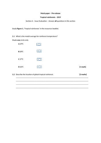 AQA GCSE Geography Pre-release mock EXAM PAPER Tropical Rainforests ...