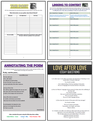 Love After Love Comprehension Activities Booklet! | Teaching Resources