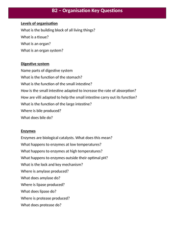 AQA Biology Key Recall Questions | Teaching Resources