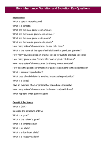 AQA Biology Key Recall Questions | Teaching Resources