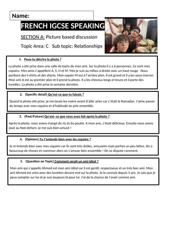 Edexcel IGCSE French Speaking : Task A (Picture description ...