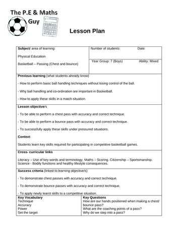 P.E Lesson Plan - Year 7 Basketball - Lesson 2 (Chest and bounce ...