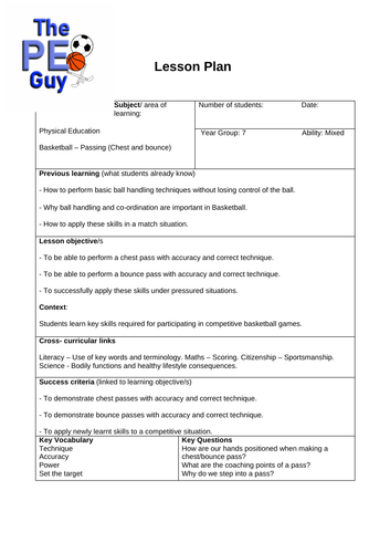 P.E Lesson Plan - Year 7 Basketball - Lesson 2 (Chest and bounce ...