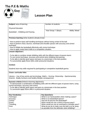P.E Lesson Plan - Year 7 Basketball - Lesson 4 (Dribbling and passing ...