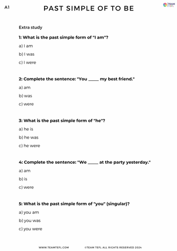 Past Simple OF 'To Be' ESL Lesson Plan A1 Beginner | Teaching Resources