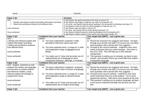 Marking Stickers AQA Specimen Paper 1 with built in DIRT tasks ...