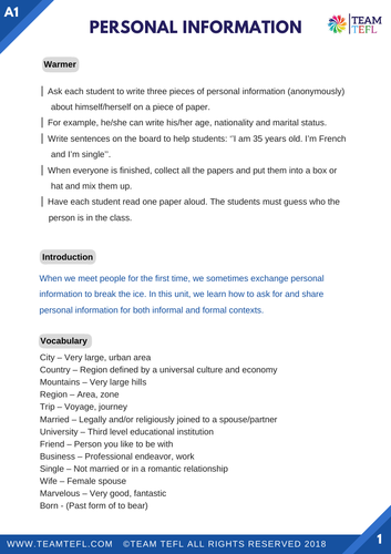 Personal Information A1 Beginner ESL Lesson Plan | Teaching Resources