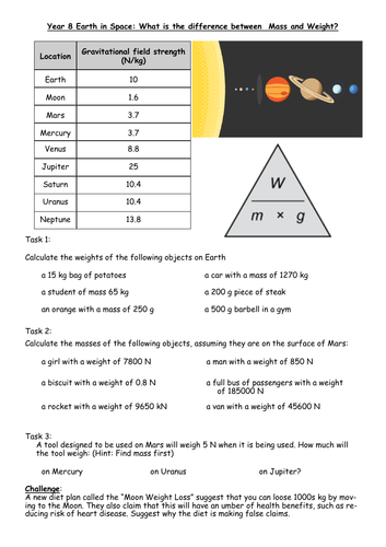 Earth in Space Mass and Weight Equation WS | Teaching Resources