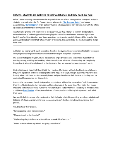 Year 9, 10 and 11 PSHE - Smartphone addiction | Teaching Resources