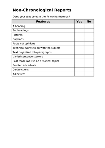 Non-Chronological Report Checklist | Teaching Resources