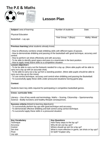 P.E Lesson Plan - Year 7 Basketball - Lesson 6 (Lay Ups) | Teaching ...